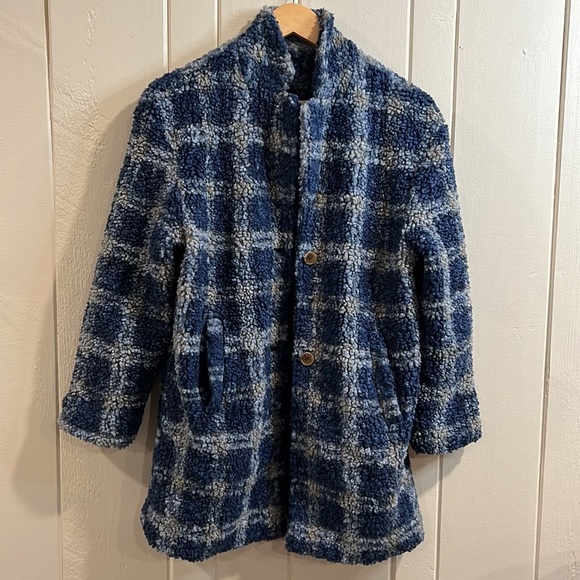 Jackets & Coats | Comfy Wooly Blue Plaid Snuggly Jacket Coat W Pockets ...